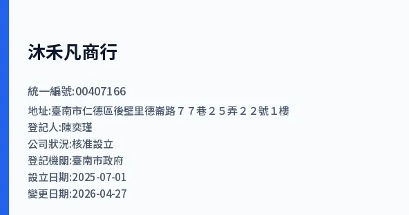 沐禾凡商行的照片-統編 00407166(臺南市) 公司登記資料與營業項目詳細圖表