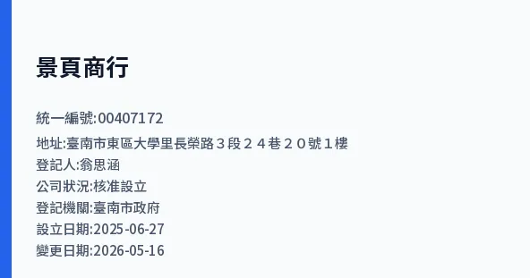 景頁商行的照片-統編 00407172(臺南市) 公司登記資料與營業項目詳細圖表
