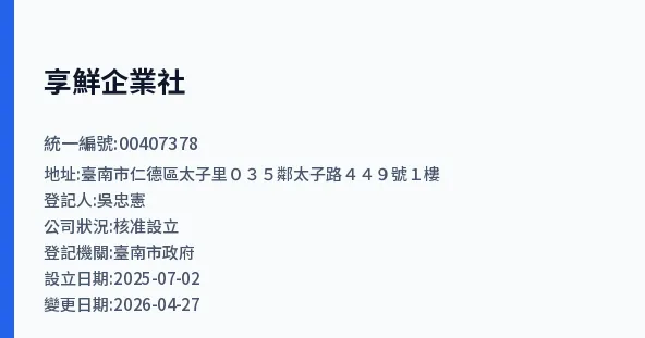 享鮮企業社的照片-統編 00407378(臺南市) 公司登記資料與營業項目詳細圖表