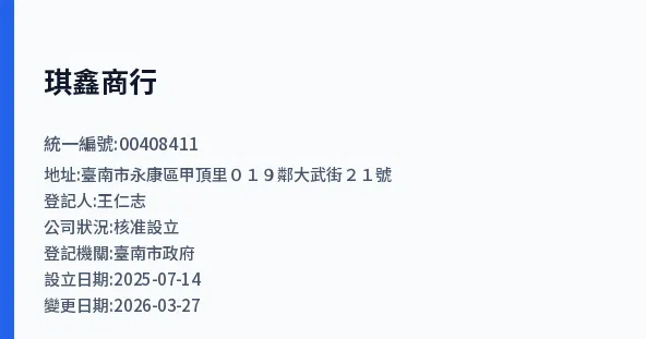 琪鑫商行的照片-統編 00408411(臺南市) 公司登記資料與營業項目詳細圖表