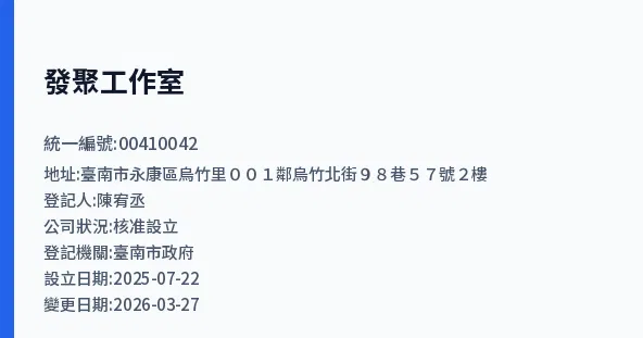 發聚工作室的照片-統編 00410042(臺南市) 公司登記資料與營業項目詳細圖表