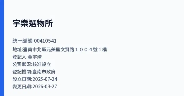 宇樂選物所的照片-統編 00410541(臺南市) 公司登記資料與營業項目詳細圖表
