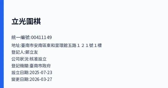 立光圍棋的照片-統編 00411149(臺南市) 公司登記資料與營業項目詳細圖表