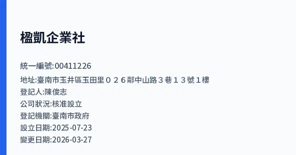 楹凱企業社的照片-統編 00411226(臺南市) 公司登記資料與營業項目詳細圖表