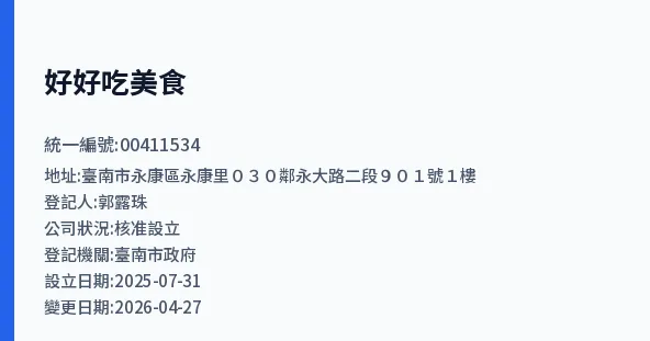 好好吃美食的照片-統編 00411534(臺南市) 公司登記資料與營業項目詳細圖表