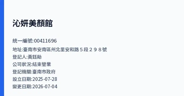 沁妍美顏館的照片-統編 00411696(臺南市) 公司登記資料與營業項目詳細圖表