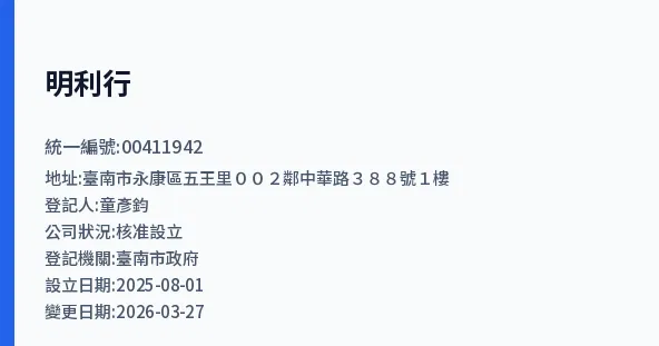 明利行的照片-統編 00411942(臺南市) 公司登記資料與營業項目詳細圖表
