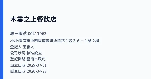 木婁之上餐飲店的照片-統編 00411963(臺南市) 公司登記資料與營業項目詳細圖表