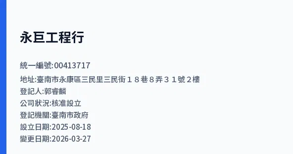 永巨工程行的照片-統編 00413717(臺南市) 公司登記資料與營業項目詳細圖表