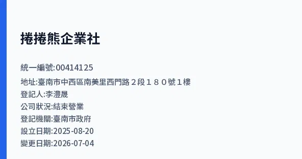 捲捲熊企業社的照片-統編 00414125(臺南市) 公司登記資料與營業項目詳細圖表