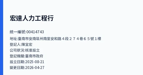 宏達人力工程行的照片-統編 00414743(臺南市) 公司登記資料與營業項目詳細圖表