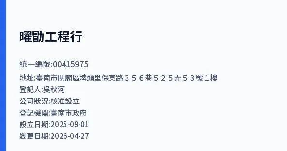 曜勖工程行的照片-統編 00415975(臺南市) 公司登記資料與營業項目詳細圖表