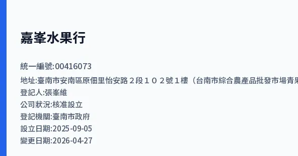 嘉峯水果行的照片-統編 00416073(臺南市) 公司登記資料與營業項目詳細圖表