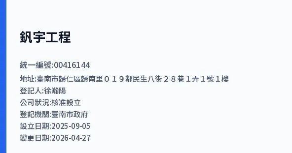 釩宇工程的照片-統編 00416144(臺南市) 公司登記資料與營業項目詳細圖表