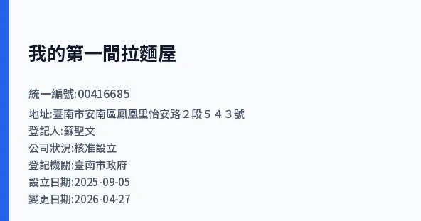 我的第一間拉麵屋的照片-統編 00416685(臺南市) 公司登記資料與營業項目詳細圖表