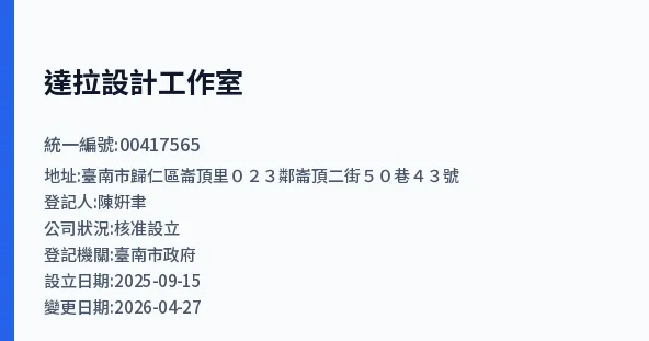 達拉設計工作室的照片-統編 00417565(臺南市) 公司登記資料與營業項目詳細圖表
