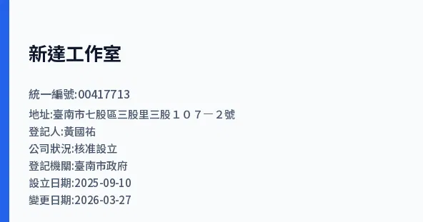新達工作室的照片-統編 00417713(臺南市) 公司登記資料與營業項目詳細圖表