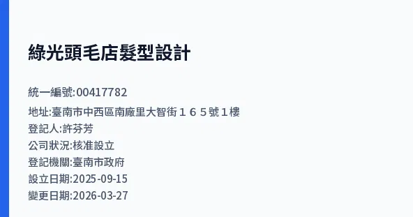 綠光頭毛店髮型設計的照片-統編 00417782(臺南市) 公司登記資料與營業項目詳細圖表