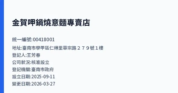金賀呷鍋燒意麵專賣店的照片-統編 00418001(臺南市) 公司登記資料與營業項目詳細圖表