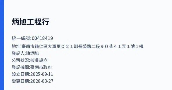 炳旭工程行的照片-統編 00418419(臺南市) 公司登記資料與營業項目詳細圖表