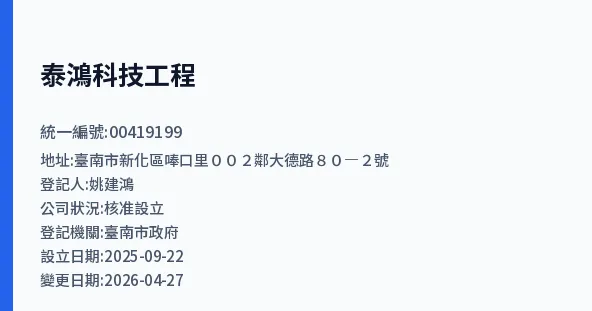 泰鴻科技工程的照片-統編 00419199(臺南市) 公司登記資料與營業項目詳細圖表