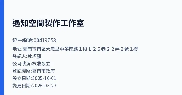 遇知空間製作工作室的照片-統編 00419753(臺南市) 公司登記資料與營業項目詳細圖表