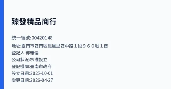 臻發精品商行的照片-統編 00420148(臺南市) 公司登記資料與營業項目詳細圖表