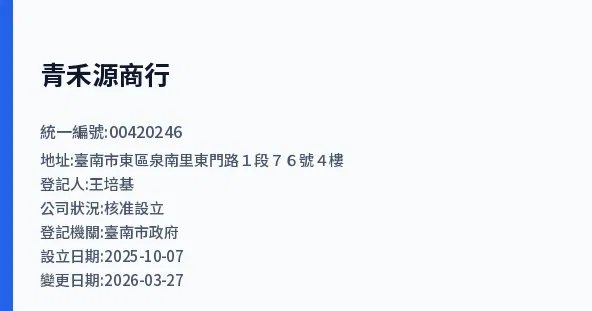 青禾源商行的照片-統編 00420246(臺南市) 公司登記資料與營業項目詳細圖表