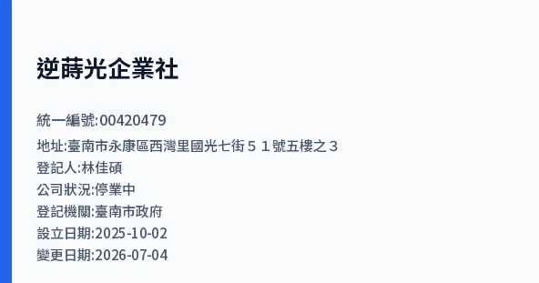 逆蒔光企業社的照片-統編 00420479(臺南市) 公司登記資料與營業項目詳細圖表
