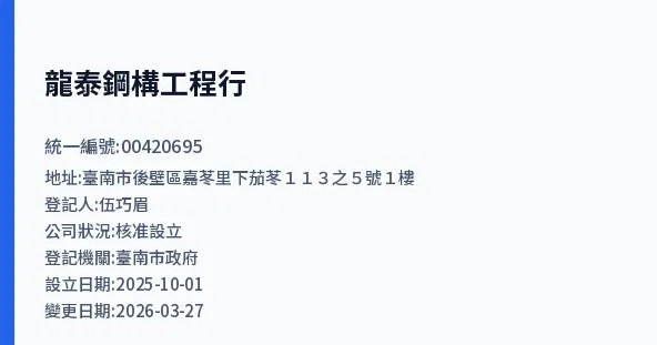 龍泰鋼構工程行的照片-統編 00420695(臺南市) 公司登記資料與營業項目詳細圖表