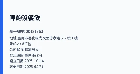 呷飽沒餐飲的照片-統編 00421863(臺南市) 公司登記資料與營業項目詳細圖表