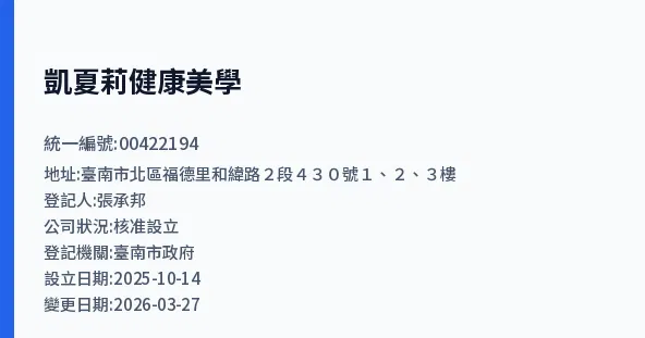 凱夏莉健康美學的照片-統編 00422194(臺南市) 公司登記資料與營業項目詳細圖表