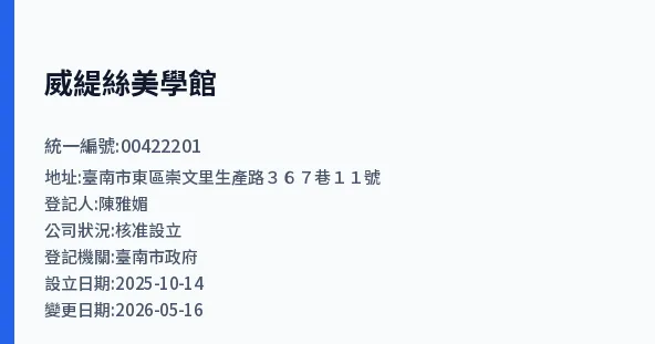 威緹絲美學館的照片-統編 00422201(臺南市) 公司登記資料與營業項目詳細圖表