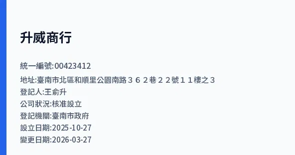 升威商行的照片-統編 00423412(臺南市) 公司登記資料與營業項目詳細圖表