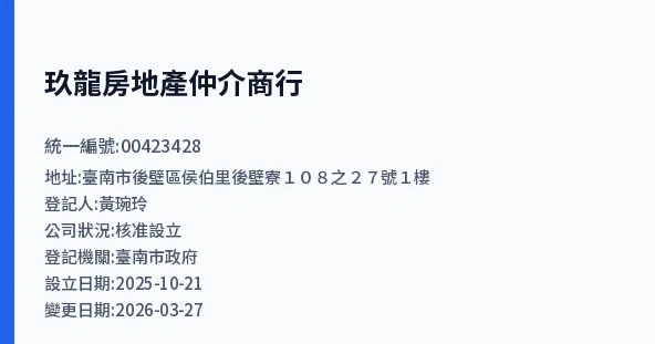 玖龍房地產仲介商行的照片-統編 00423428(臺南市) 公司登記資料與營業項目詳細圖表