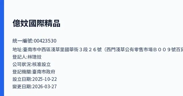 億妏國際精品的照片-統編 00423530(臺南市) 公司登記資料與營業項目詳細圖表