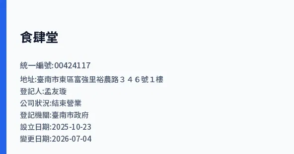 食肆堂的照片-統編 00424117(臺南市) 公司登記資料與營業項目詳細圖表