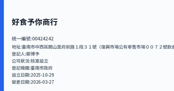 好食予你商行的照片-統編 00424242(臺南市) 公司登記資料與營業項目詳細圖表