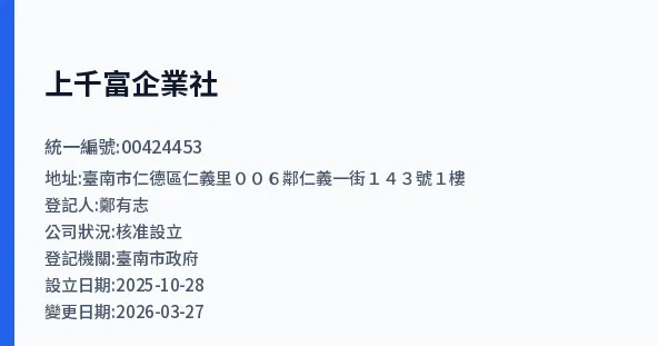 上千富企業社的照片-統編 00424453(臺南市) 公司登記資料與營業項目詳細圖表