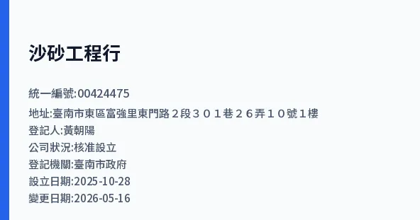 沙砂工程行的照片-統編 00424475(臺南市) 公司登記資料與營業項目詳細圖表