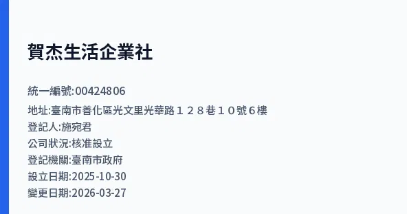 賀杰生活企業社的照片-統編 00424806(臺南市) 公司登記資料與營業項目詳細圖表