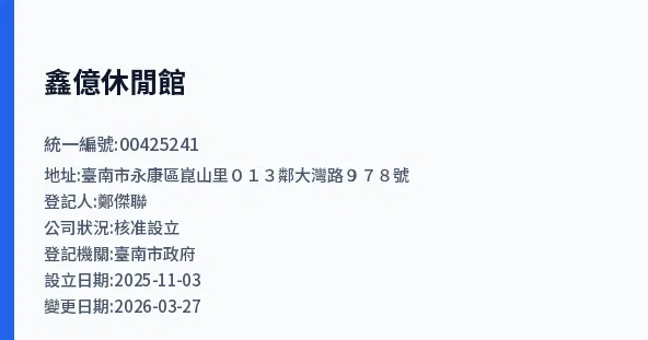 鑫億休閒館的照片-統編 00425241(臺南市) 公司登記資料與營業項目詳細圖表