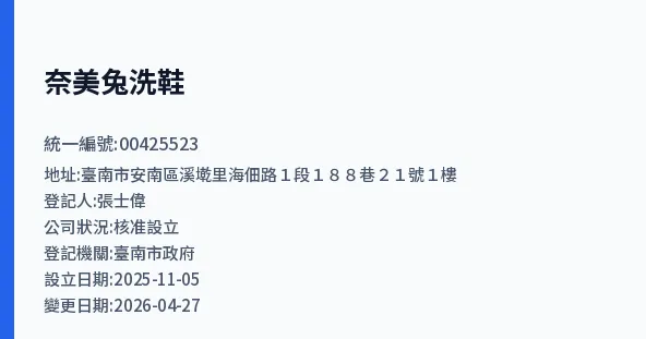奈美兔洗鞋的照片-統編 00425523(臺南市) 公司登記資料與營業項目詳細圖表