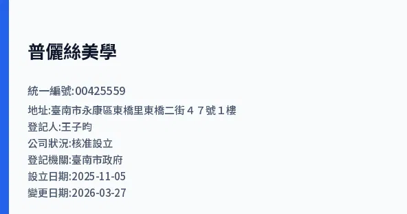 普儷絲美學的照片-統編 00425559(臺南市) 公司登記資料與營業項目詳細圖表