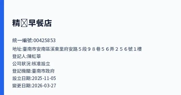 精奌早餐店的照片-統編 00425853(臺南市) 公司登記資料與營業項目詳細圖表