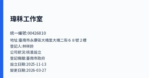 瑋秝工作室的照片-統編 00426810(臺南市) 公司登記資料與營業項目詳細圖表