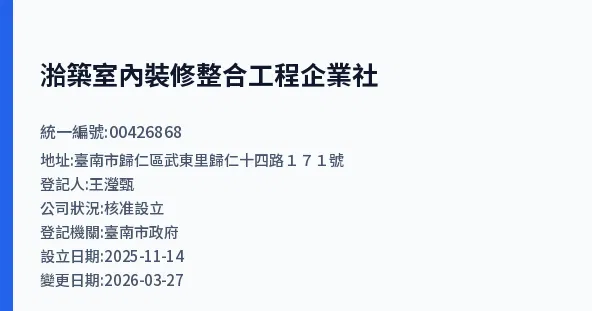 湁築室內裝修整合工程企業社的照片-統編 00426868(臺南市) 公司登記資料與營業項目詳細圖表