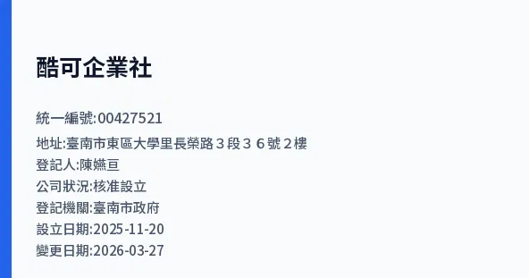 酷可企業社的照片-統編 00427521(臺南市) 公司登記資料與營業項目詳細圖表