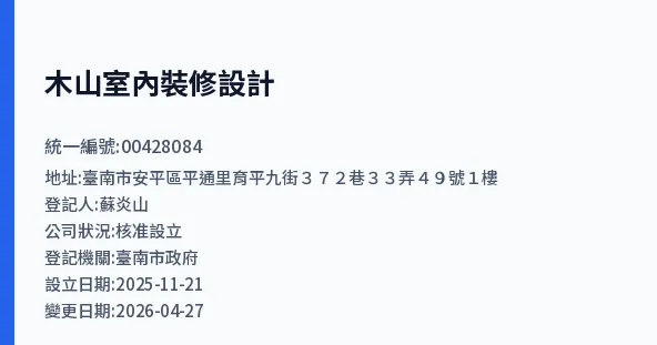 木山室內裝修設計的照片-統編 00428084(臺南市) 公司登記資料與營業項目詳細圖表
