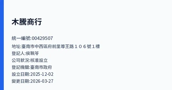 木騰商行的照片-統編 00429507(臺南市) 公司登記資料與營業項目詳細圖表